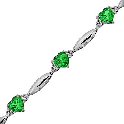 Gemminded Sterling Silver Lab Created Emerald and Diamond Accent Heart Bracelet