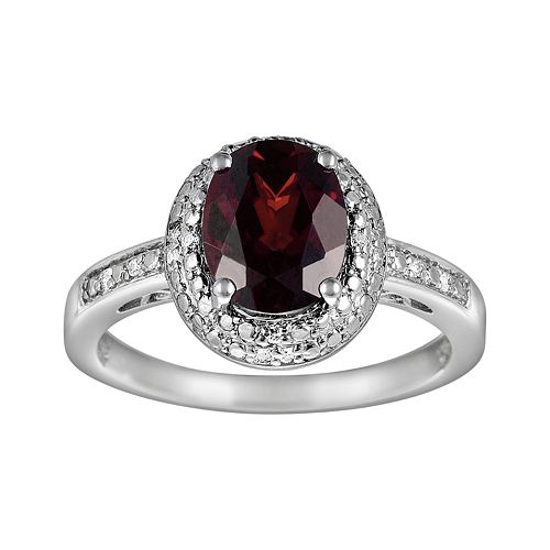 Sterling Silver Garnet & Diamond Accent Oval Ring