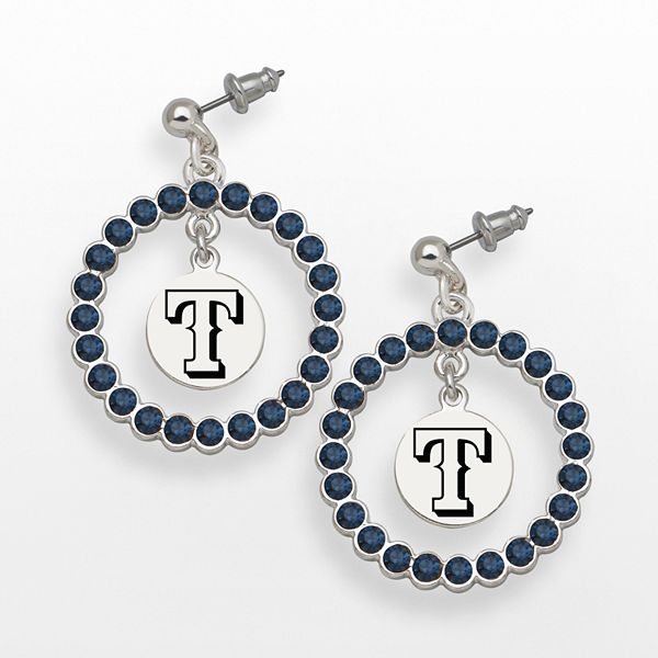 LogoArt Texas Rangers Silver Tone Crystal Logo Charm Hoop Drop Earrings
