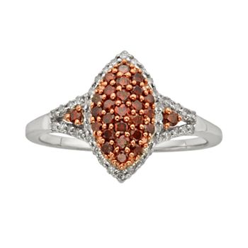 Sterling Silver Two-Tone 1/2-ct. T.W. Red & White Diamond Marquise Ring
