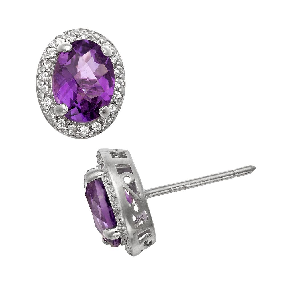 Sterling Silver Amethyst and Lab-Created White Sapphire Halo Stud Earrings