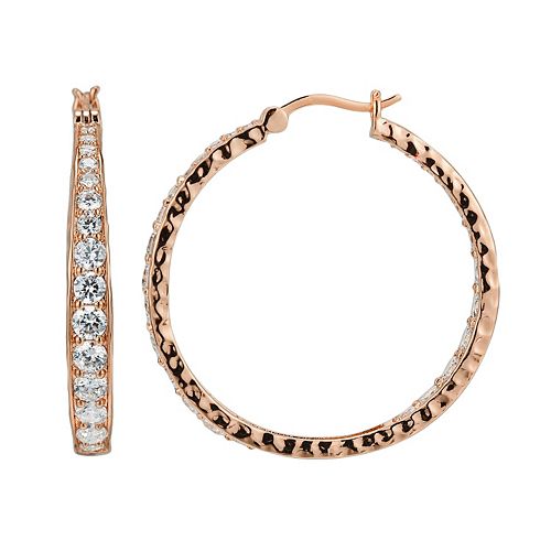 18k Rose Gold Over Silver Plated Cubic Zirconia Hammered Hoop Earrings
