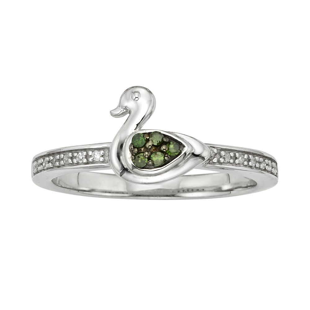 Jewelexcess Sterling Silver 1/10-ct. T.W. Green and White Diamond Duck Ring