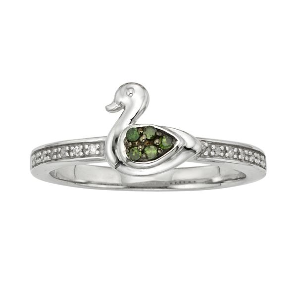 Jewelexcess Sterling Silver 1/10-ct. T.W. Green and White Diamond Duck Ring