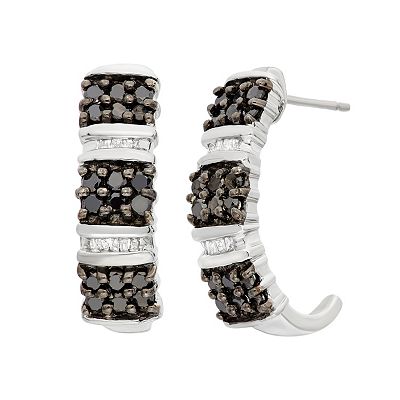 Jewelexcess 1 Carat T. W. Black and White Diamond Sterling Silver J Hoop Earrings