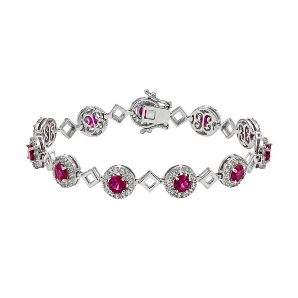 Lab-Created Ruby & Lab-Created White Sapphire Sterling Silver Halo Bracelet