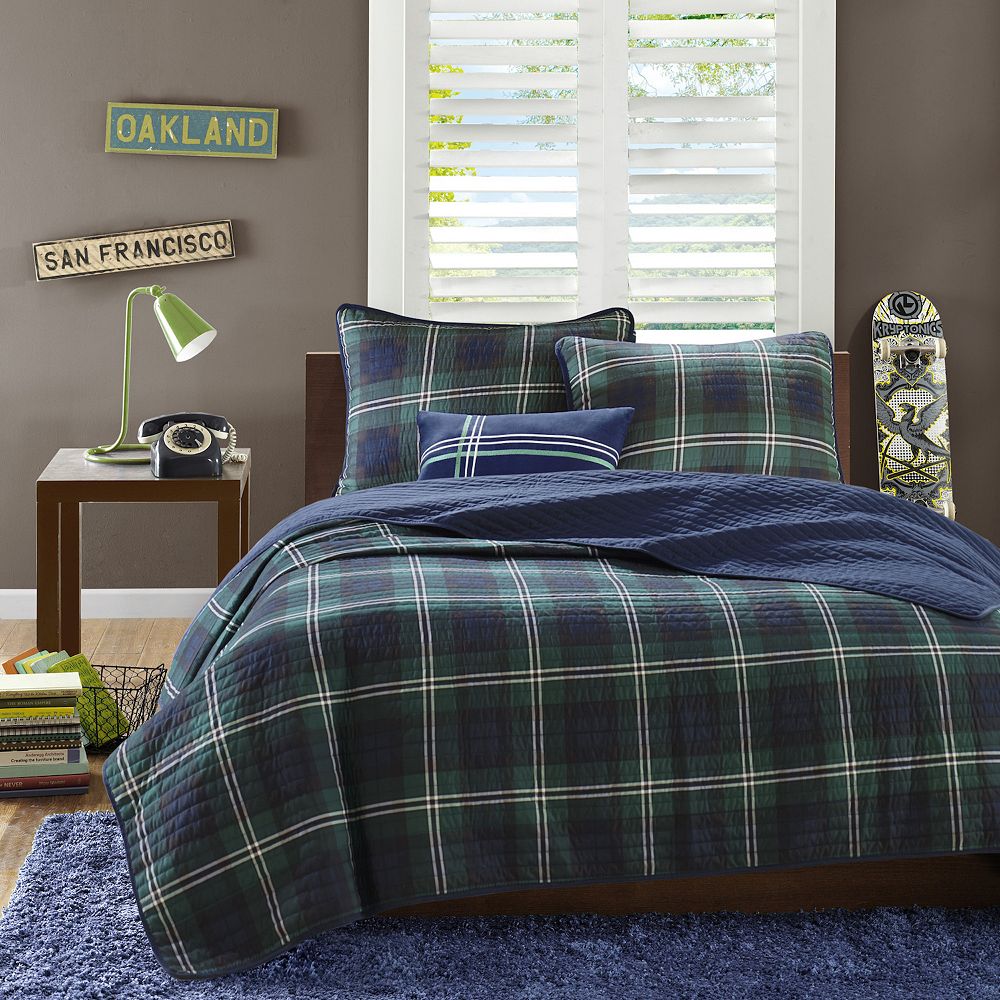 Intelligent Design Cameron Reversible Plaid Quilt Set with Throw Pillow