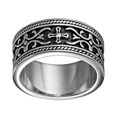 Stainless Steel Cross and Scrollwork Band Men Size 10 Grey
