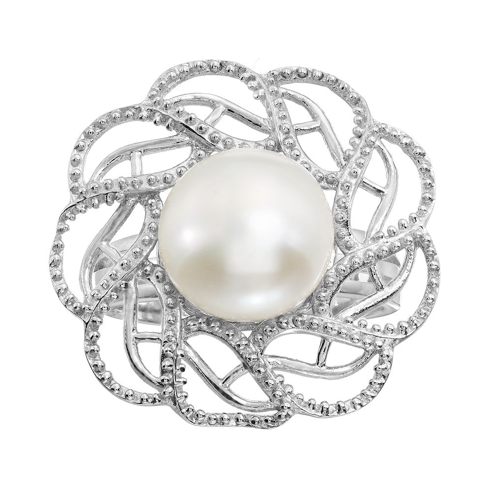 Freshwater Cultured Pearl Sterling Silver Openwork Flower Ring