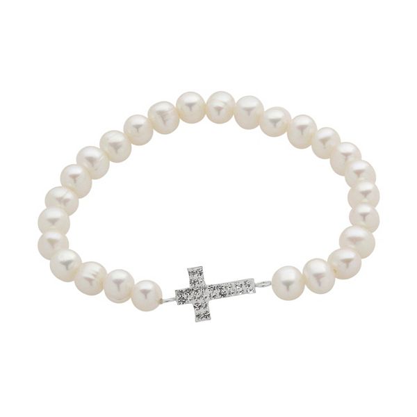 Sterling Silver Freshwater Cultured Pearl And Crystal Stretch Bracelet