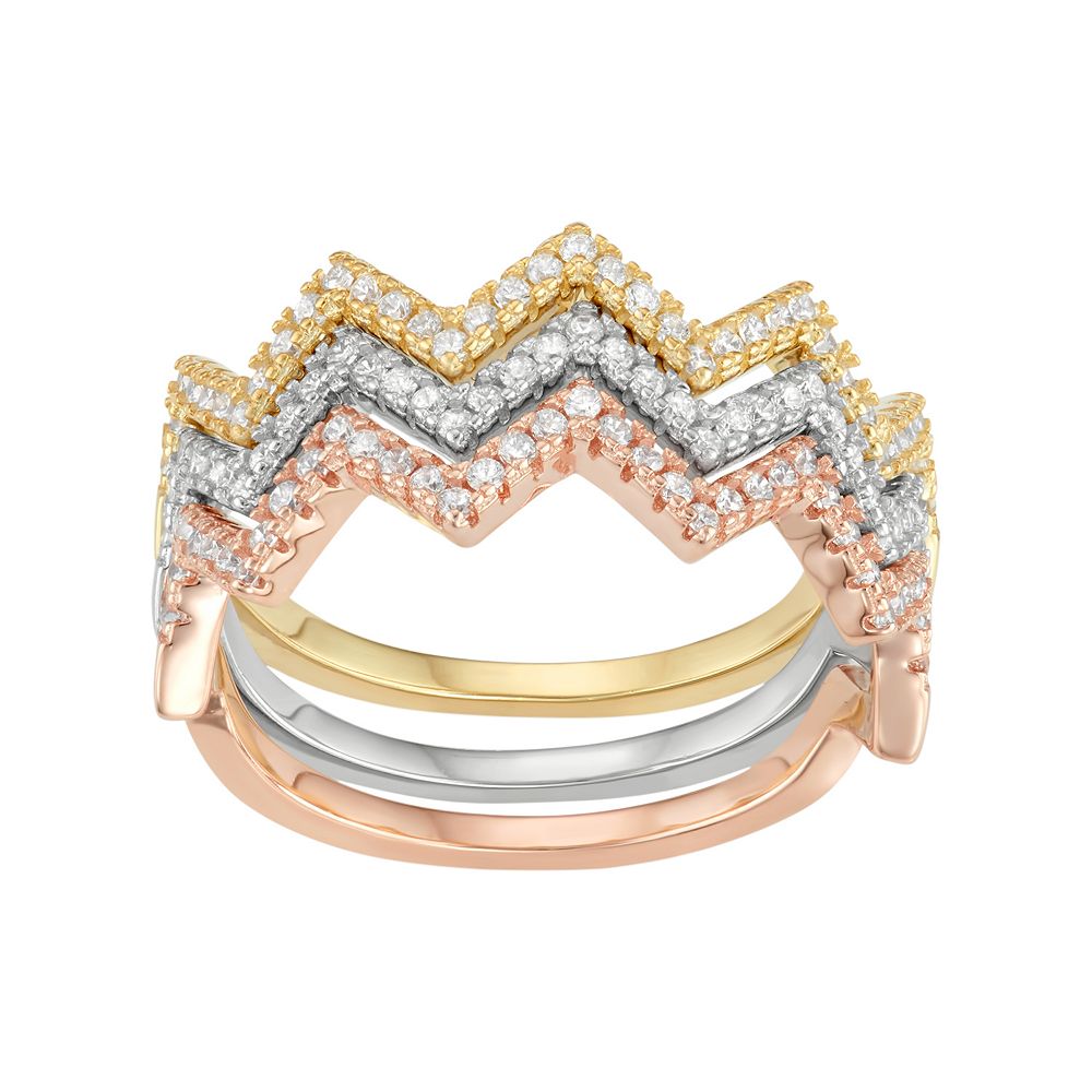 Cubic Zirconia Tri-Tone Sterling Silver Zigzag Stack Ring Set