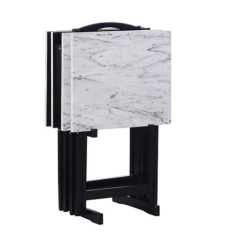 Linon White Faux Marble Tv Tray Table 5 Piece Set
