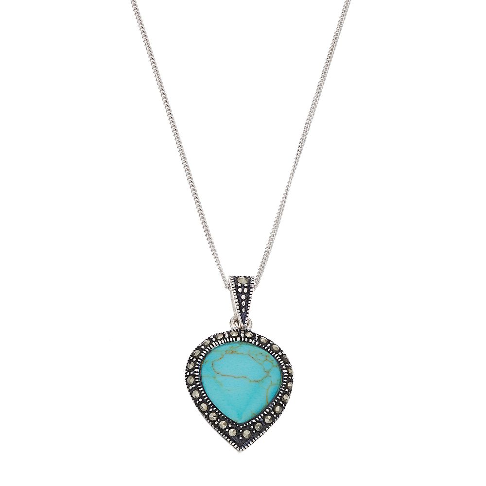 Tori Hill Sterling Silver Simulated Turquoise & Marcasite Teardrop Pendant