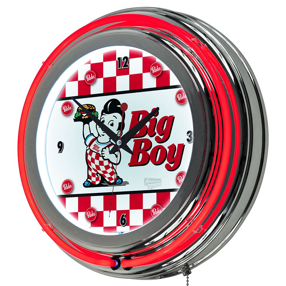 "Bob's Big Boy" Checkered Chrome Finish Neon Wall Clock