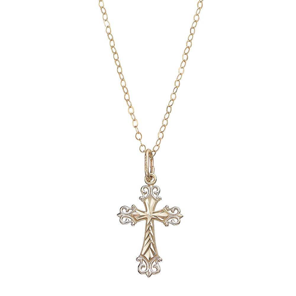 Two Tone 10k Gold Filigree Cross Pendant Necklace