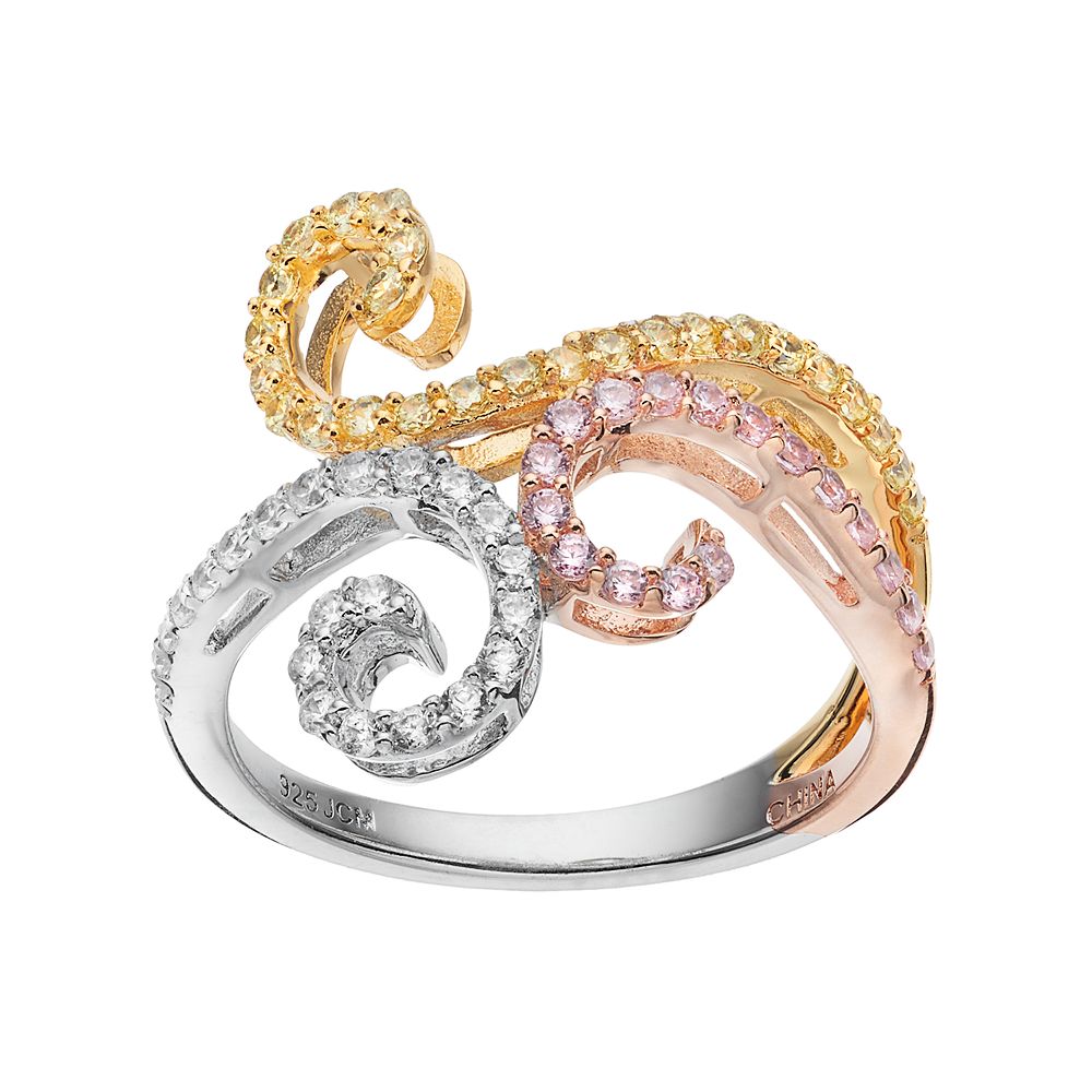 Tri Tone 18k Gold Over Silver Cubic Zirconia Filigree Ring