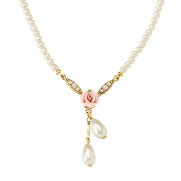 1928 Gold Tone Simulated Pearl Rose Necklace