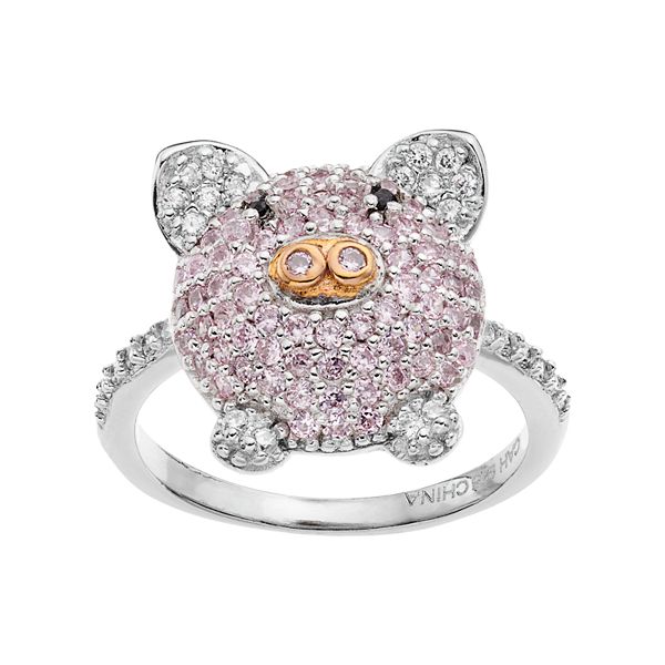 Sophie Miller Two Tone Sterling Silver Cubic Zirconia Pig Ring
