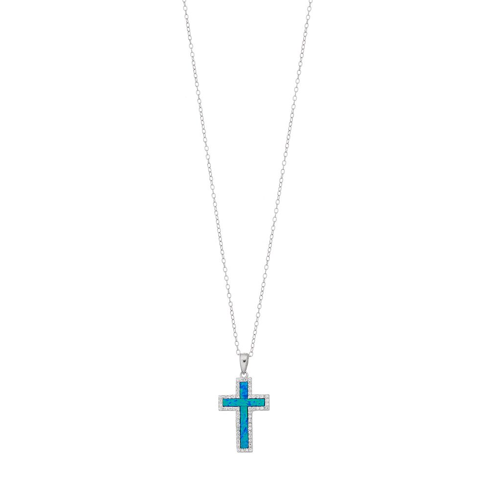 Sterling Silver Lab-Created Blue Opal & Cubic Zirconia Cross Pendant