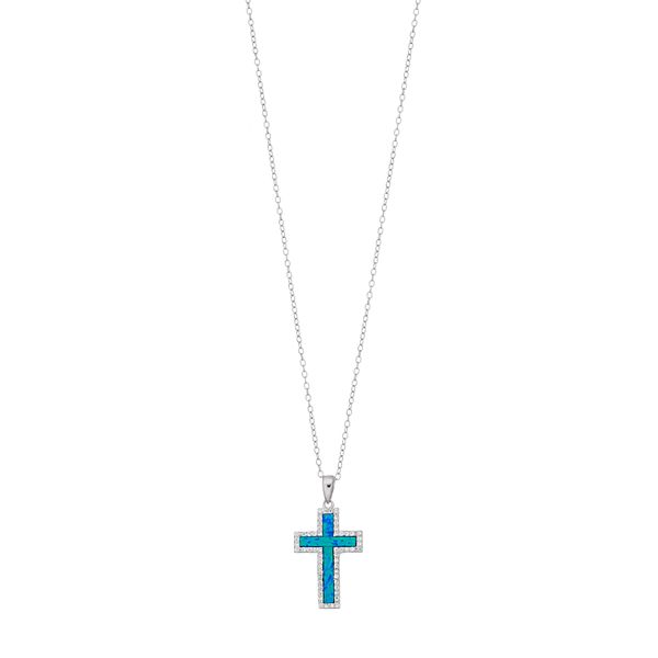 Sterling Silver Lab-Created Blue Opal & Cubic Zirconia Cross Pendant