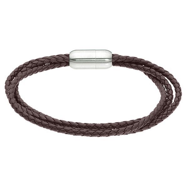 LYNX Men's Stainless Steel Magnetic Lock Leather Bracelet