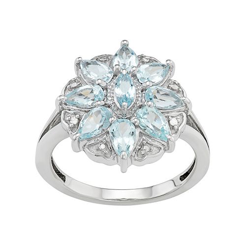 Sterling Silver Aquamarine & Diamond Accent Flower Ring