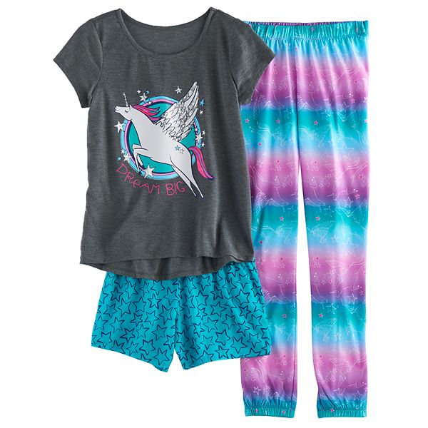 Girls 4-14 SO® Graphic Tee, Patterned Shorts & Bottoms Pajama Set