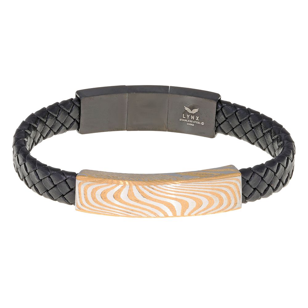 Men's LYNX Damascus Steel & Black Leather Bracelet
