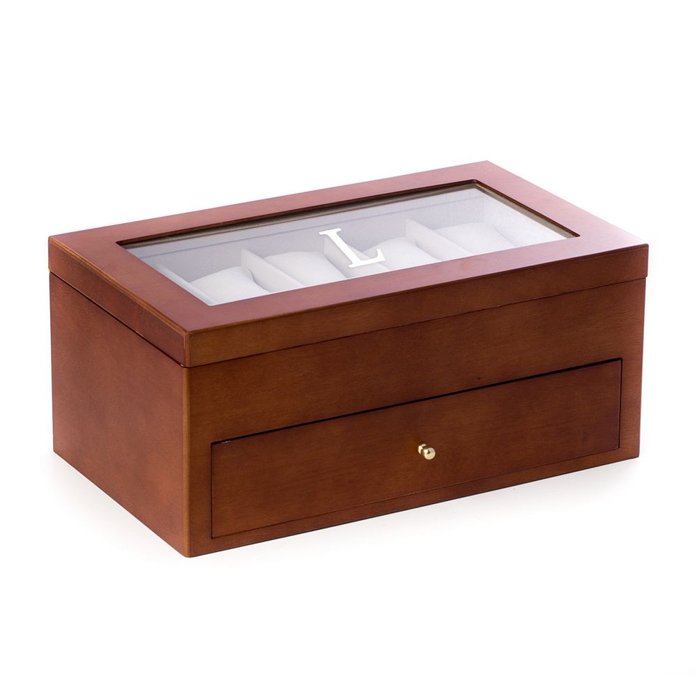 Bey-Berk Brown Wood Initial Monogram Twenty Watch Storage Box