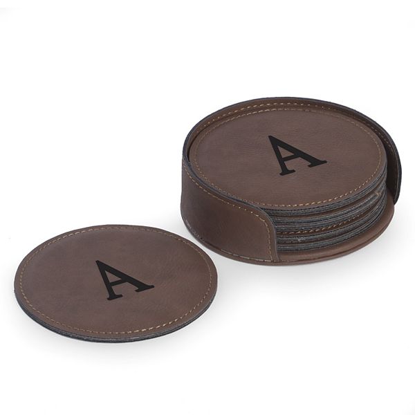 Bey-Berk Initial Monogram Brown Leather Coaster Set