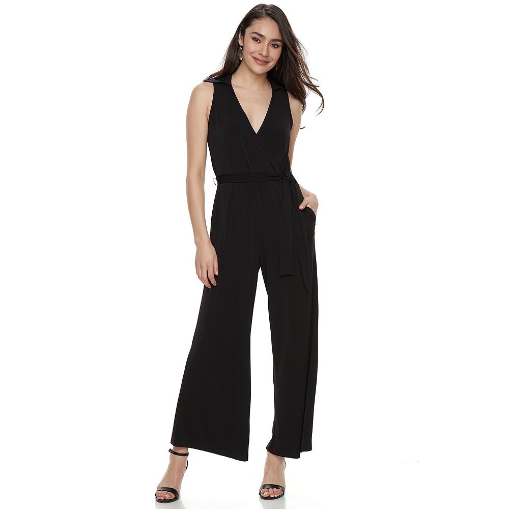 Women's Nina Leonard Collared Sleeveless Surplice Wide-Leg Jumpsuit