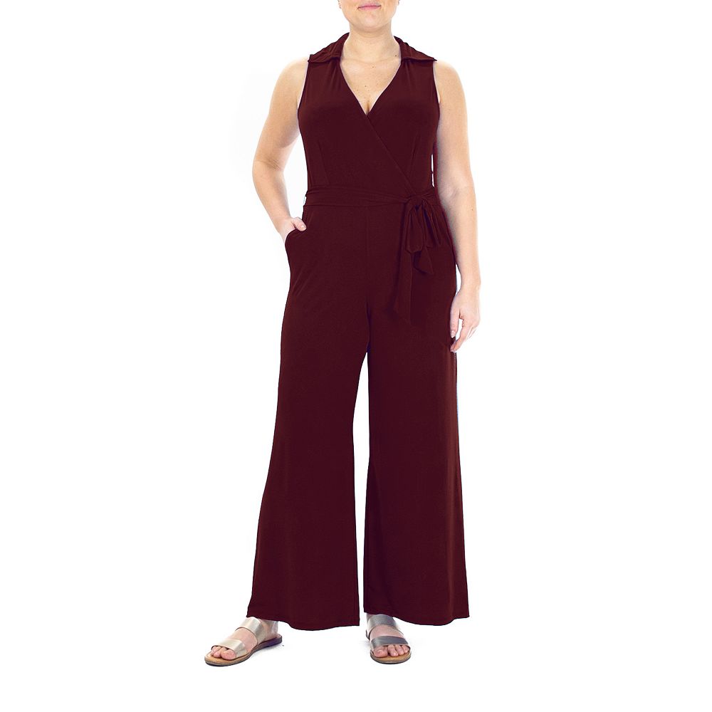 Women's Nina Leonard Collared Sleeveless Surplice Wide-Leg Jumpsuit