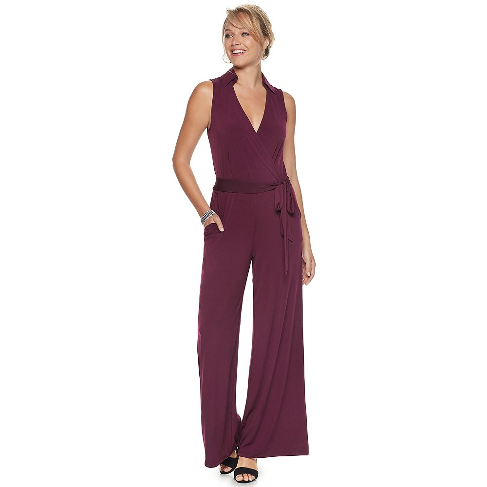Women's Nina Leonard Collared Sleeveless Surplice Wide-Leg Jumpsuit