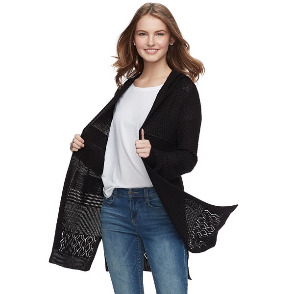 Juniors' Pink Republic Hooded Open-Work Long Cardigan