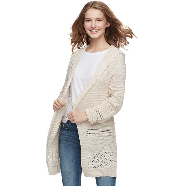 Juniors' Pink Republic Hooded Open-Work Long Cardigan