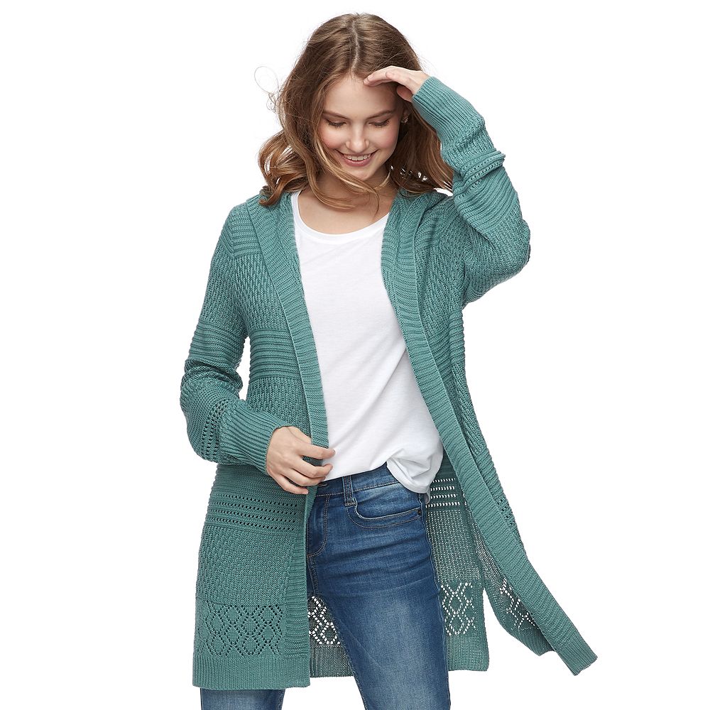 Juniors' Pink Republic Hooded Open-Work Long Cardigan