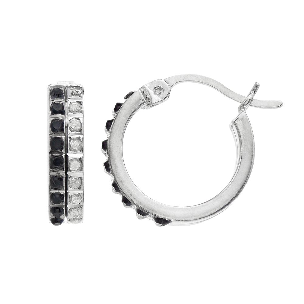 Platinum Over Silver Black & White Diamond Mystique Hoop Earrings