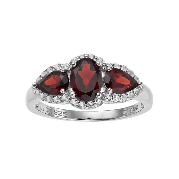 Gemminded Sterling Silver Garnet & White Topaz 3-Stone Ring
