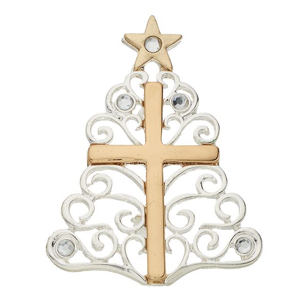 Two Tone Cross & Christmas Tree Pin