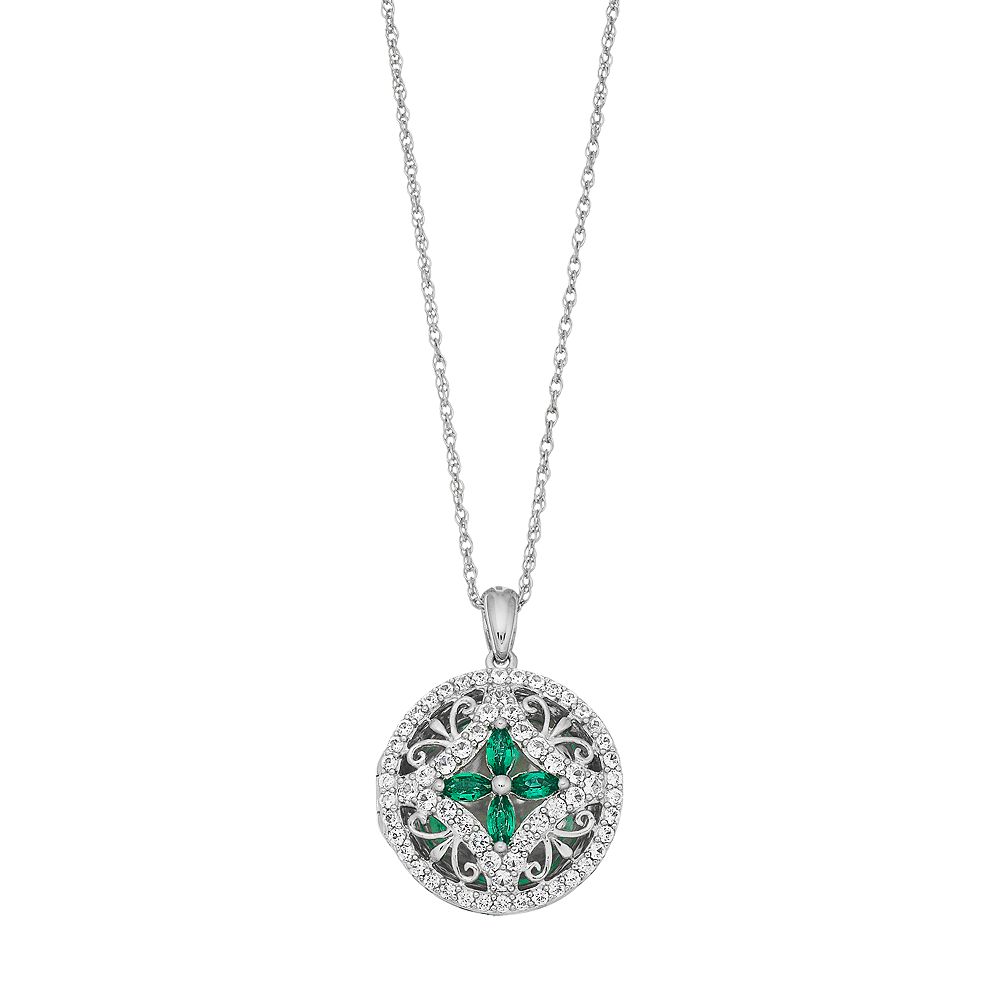 Sterling Silver Lab Created Emerald & White Sapphire Filigree Locket ...