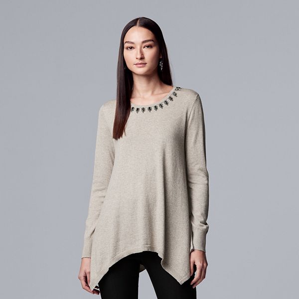 Womens Simply Vera Vera Wang Embellished Handkerchief Hem Sweater