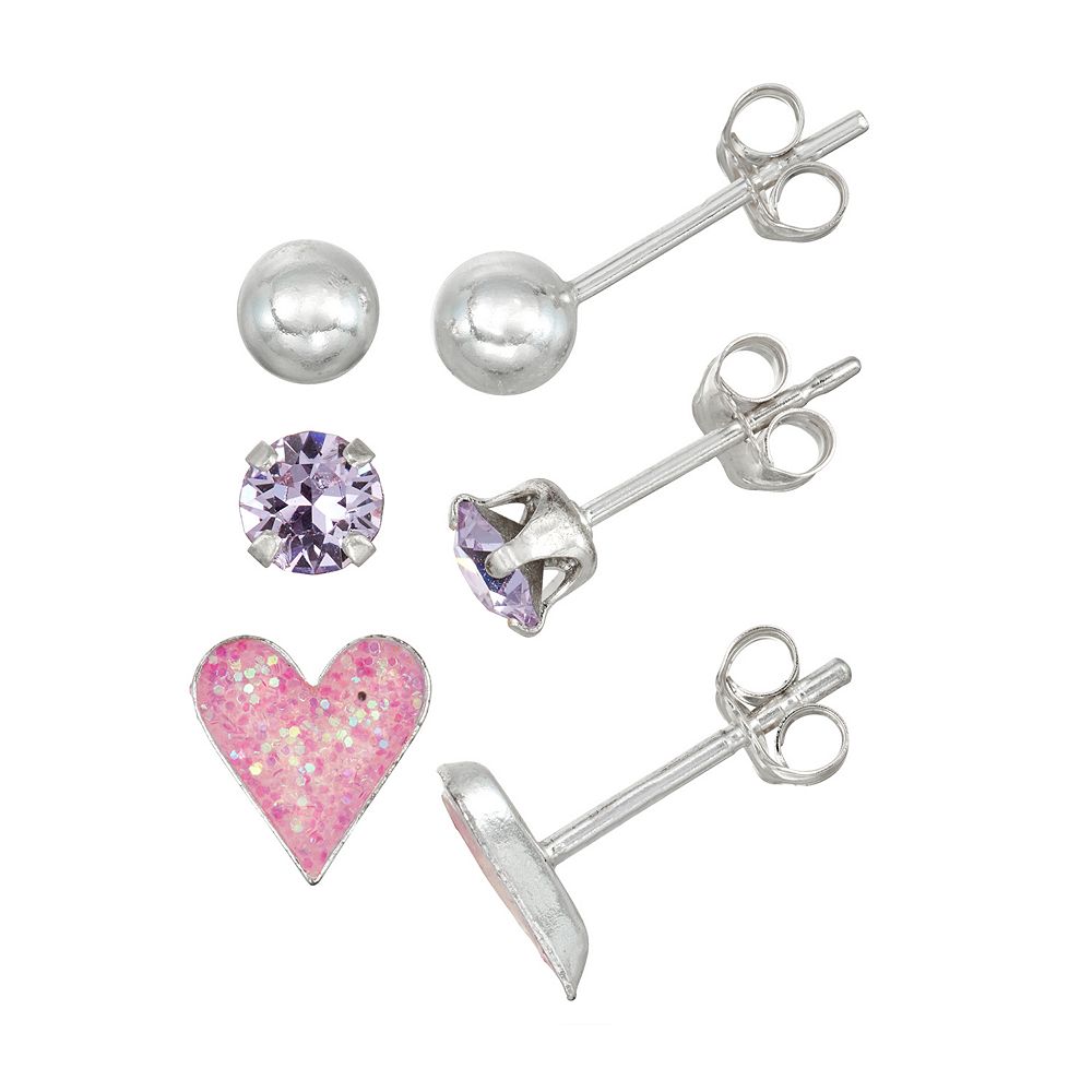 Charming Girl Kids' Sterling Silver Crystal, Heart & Ball Stud Earring ...