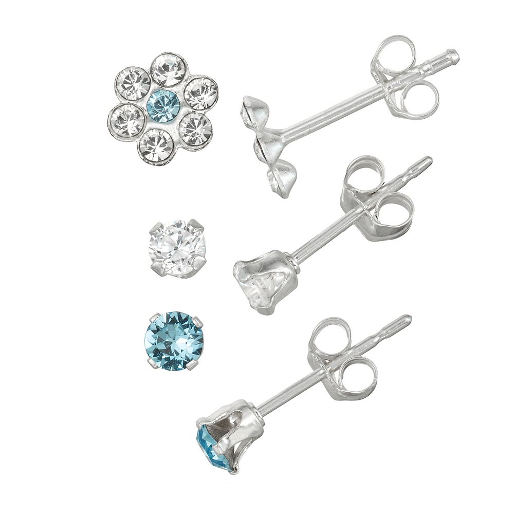 Charming Girl Kids' Sterling Silver 3-Pair Crystal Earring Set