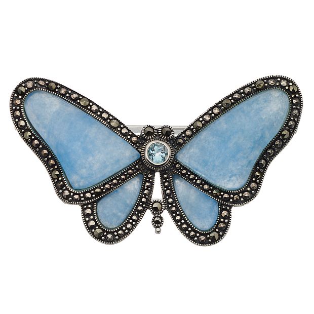 Tori Hill Genuine Marcasite Topaz Jade Butterfly Brooch