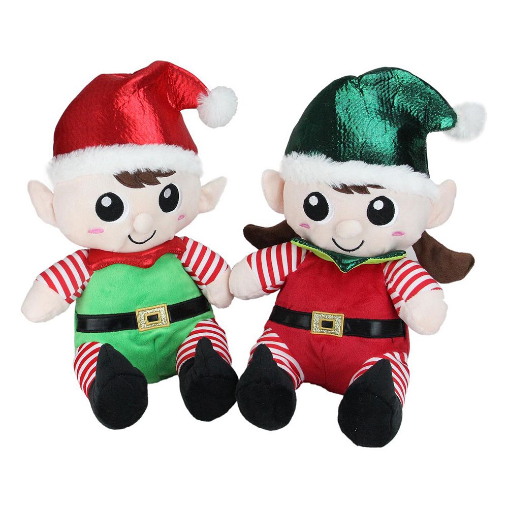 Northlight Seasonal Set of 2 Plush Sitting Boy and Girl Christmas Elf ...