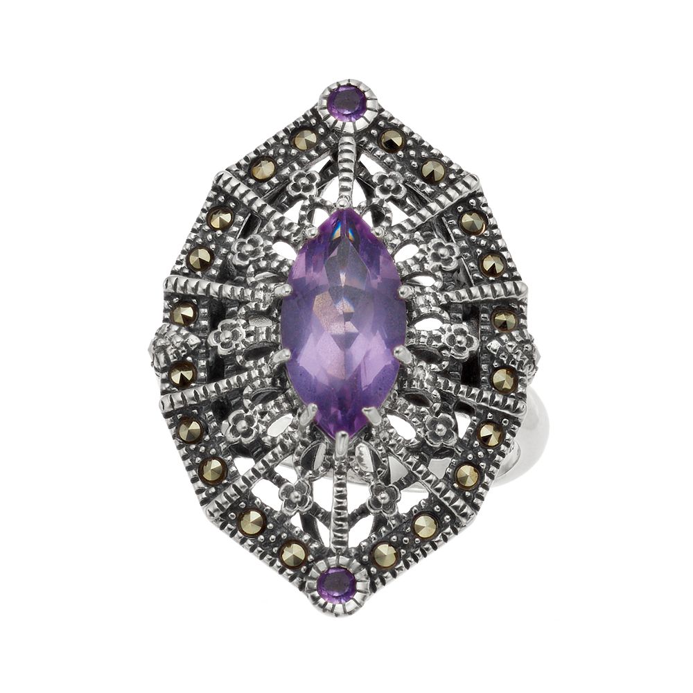Lavish by TJM Sterling Silver Amethyst & Marcasite Adjustable Ring