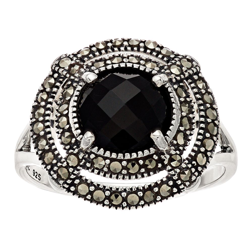 Lavish by TJM Sterling Silver Black Onyx & Marcasite Circle Ring