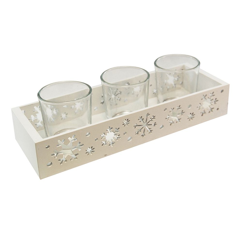Wooden Snowflake Tray with 3 Glass Candleholders