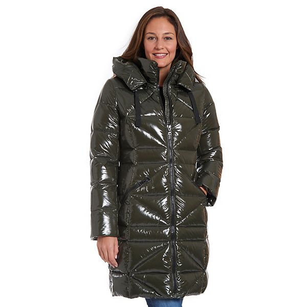 Women's Fleet Street Long Faux Down Shiny Coat with Detachable Hood