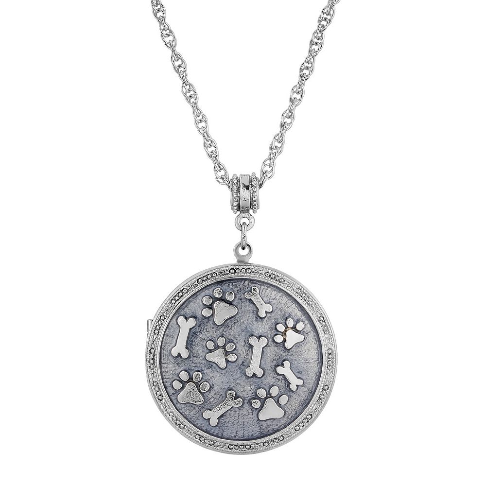 1928 Silver Tone Blue Enamel Paw & Bones Round Locket